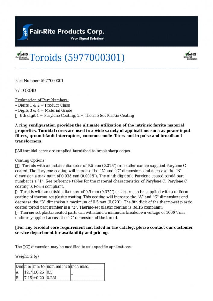 Fair-Rite 5977000301 technical document page 1