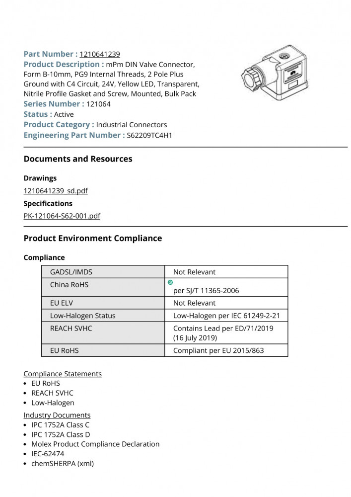 Molex DIN Valve Series S62 packaging specification page 1