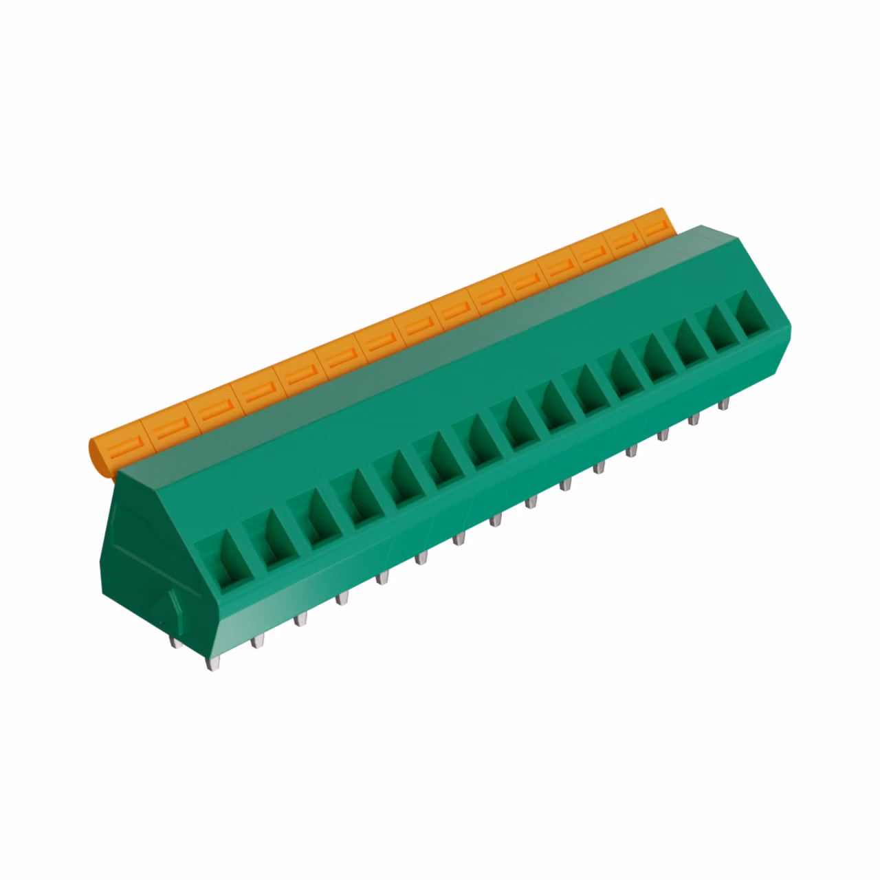 5.08mm Pitch, Eurostyle Fixed-Mount Push-Button Terminal Block, 45° Modular , 18A, 26-14 AWG, Green, 15 Circuits for sale