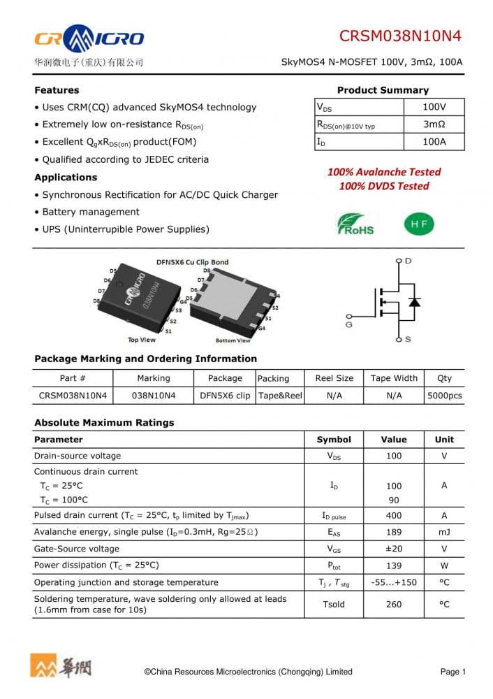 CRSM038N10N4 datasheet page 1