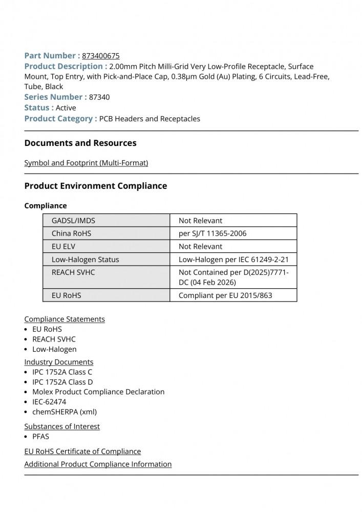 MOLEX 873400675 product documentation image 1