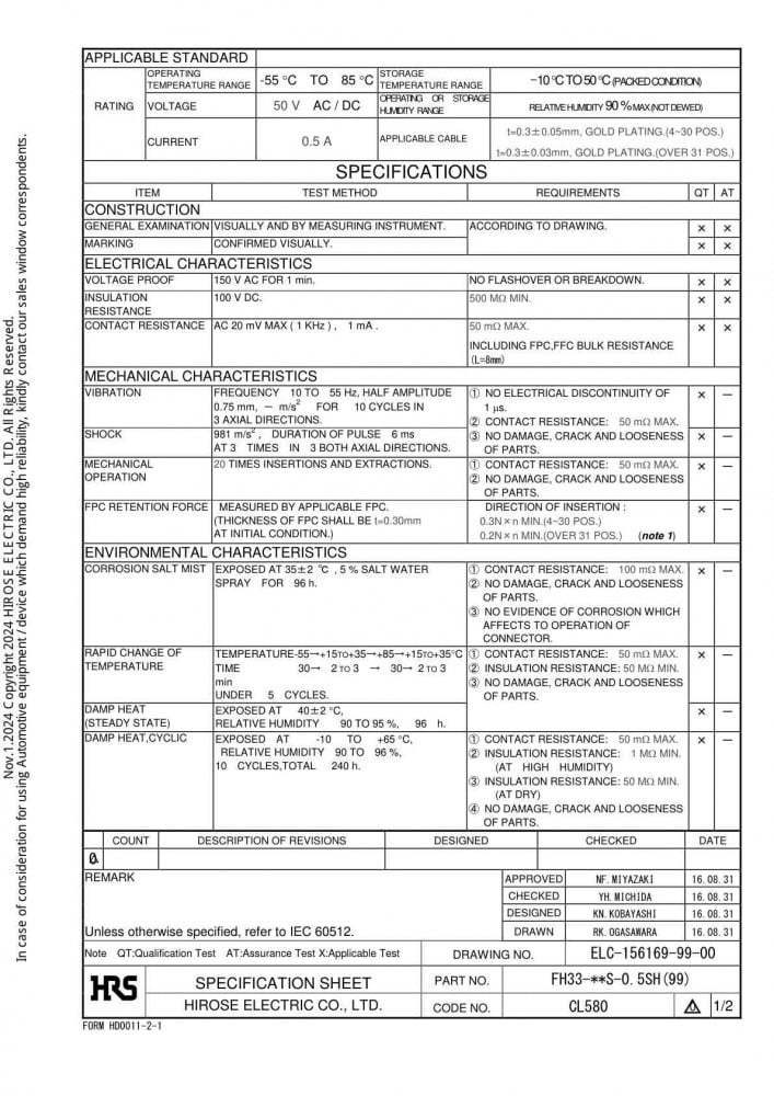 HRS FH33-45S-0.5SH(99) specification sheet page 1