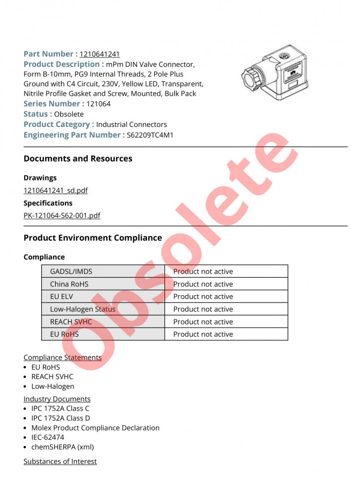 Molex S62 DIN Valve packaging specification, page image 1