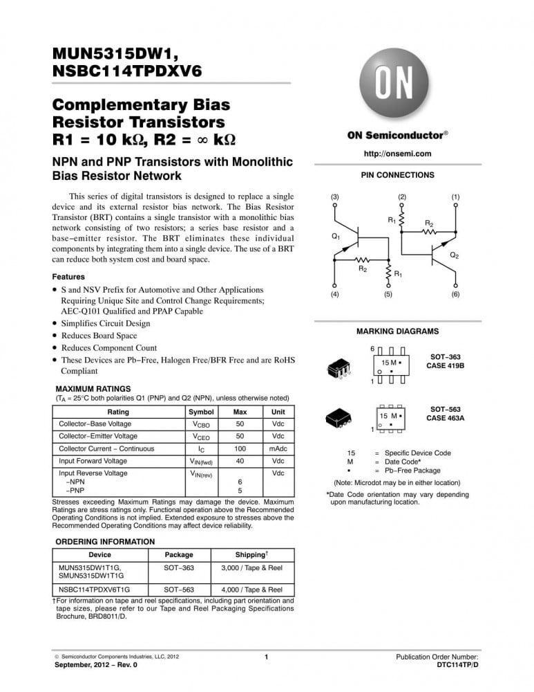 MUN5315DW1T1G datasheet page 1