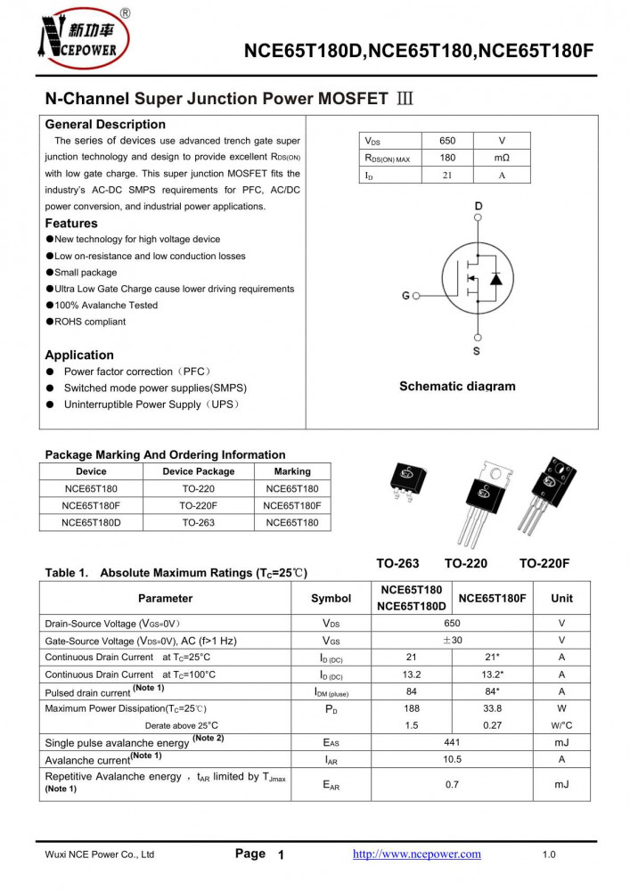 NCE65T180D datasheet page 1