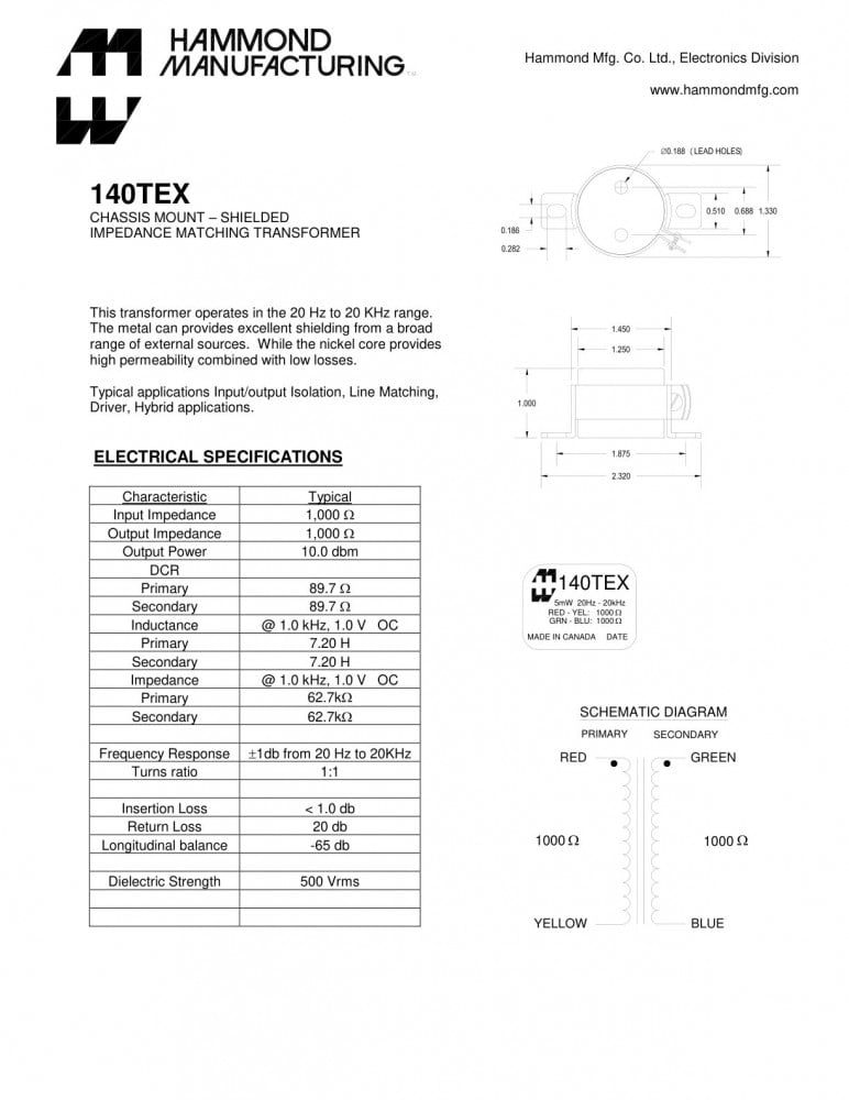 Hammond 140TEX technical document page 1