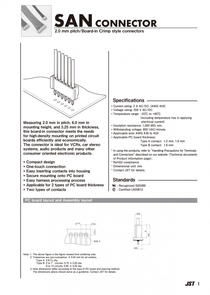 JST SAN series product specification page