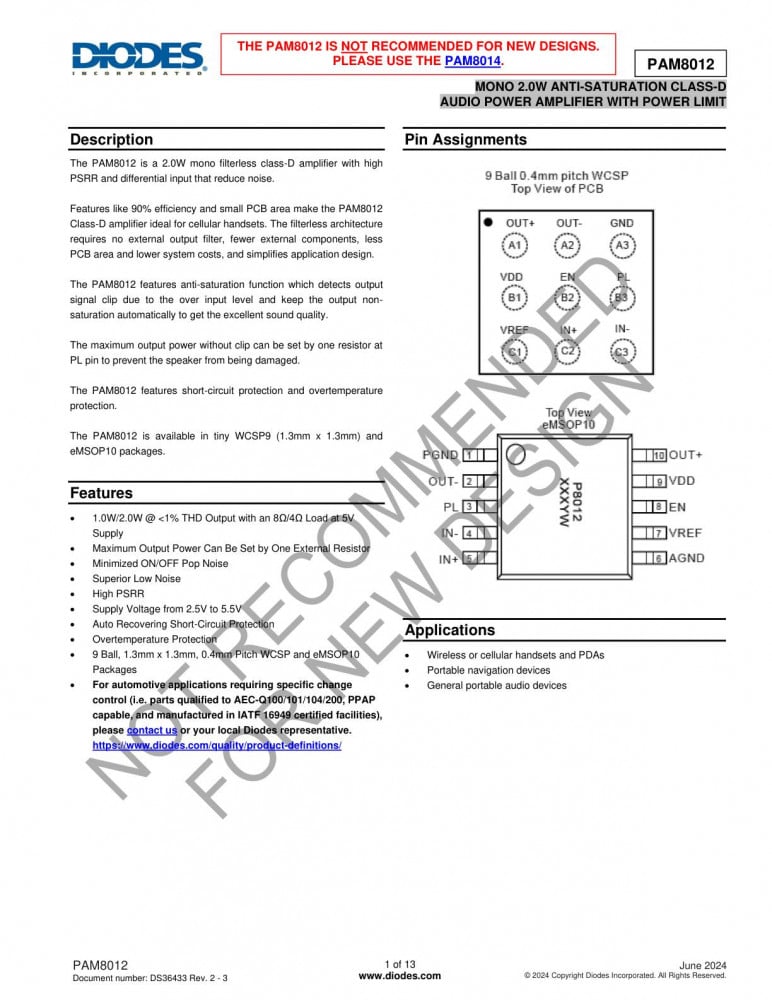 PAM8012AZN datasheet page 1