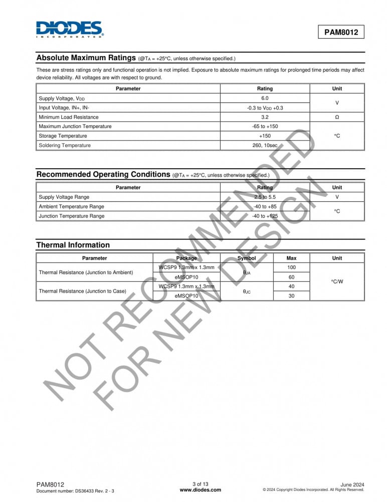 PAM8012AZN datasheet page 3