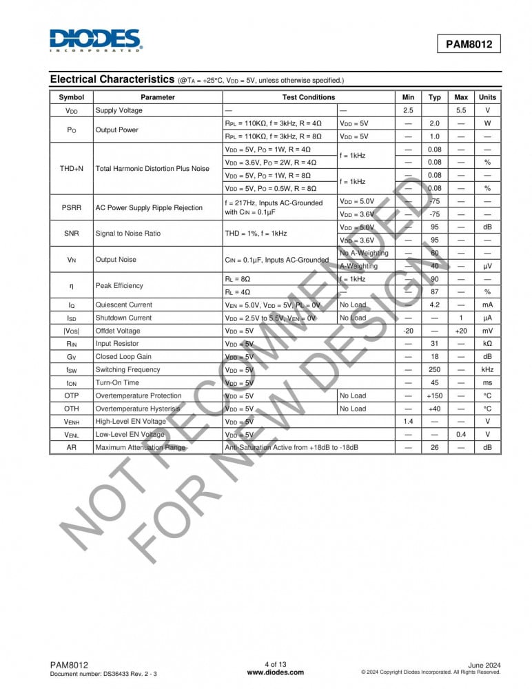 PAM8012AZN datasheet page 4