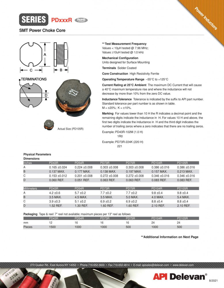 API Delevan SMT power choke core technical document page 1