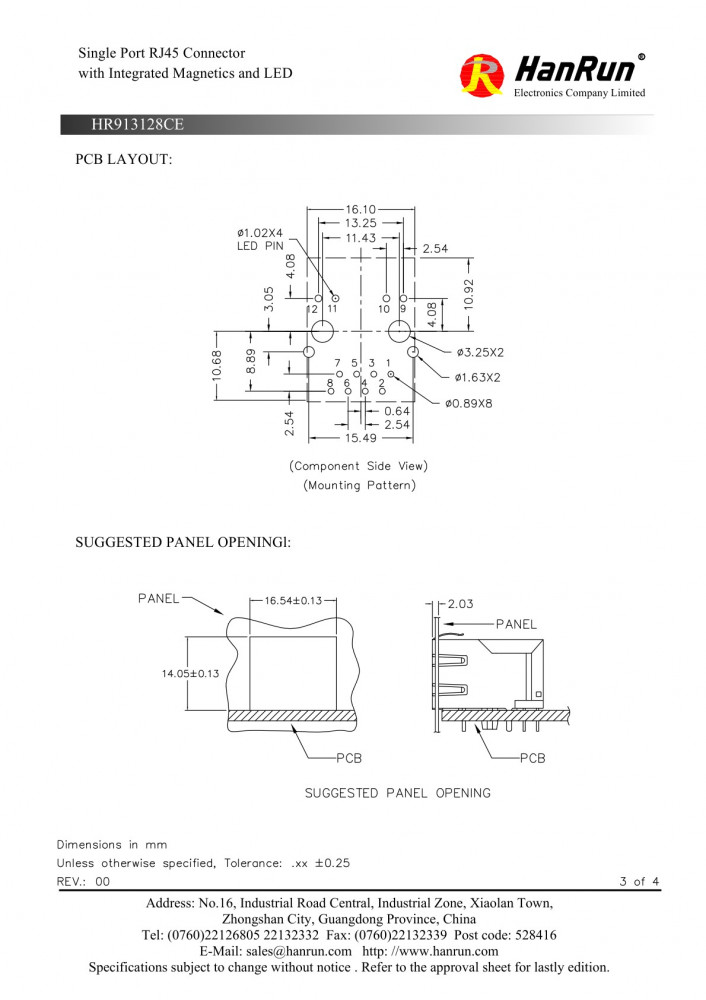 HR913128CE LED and mounting pattern page