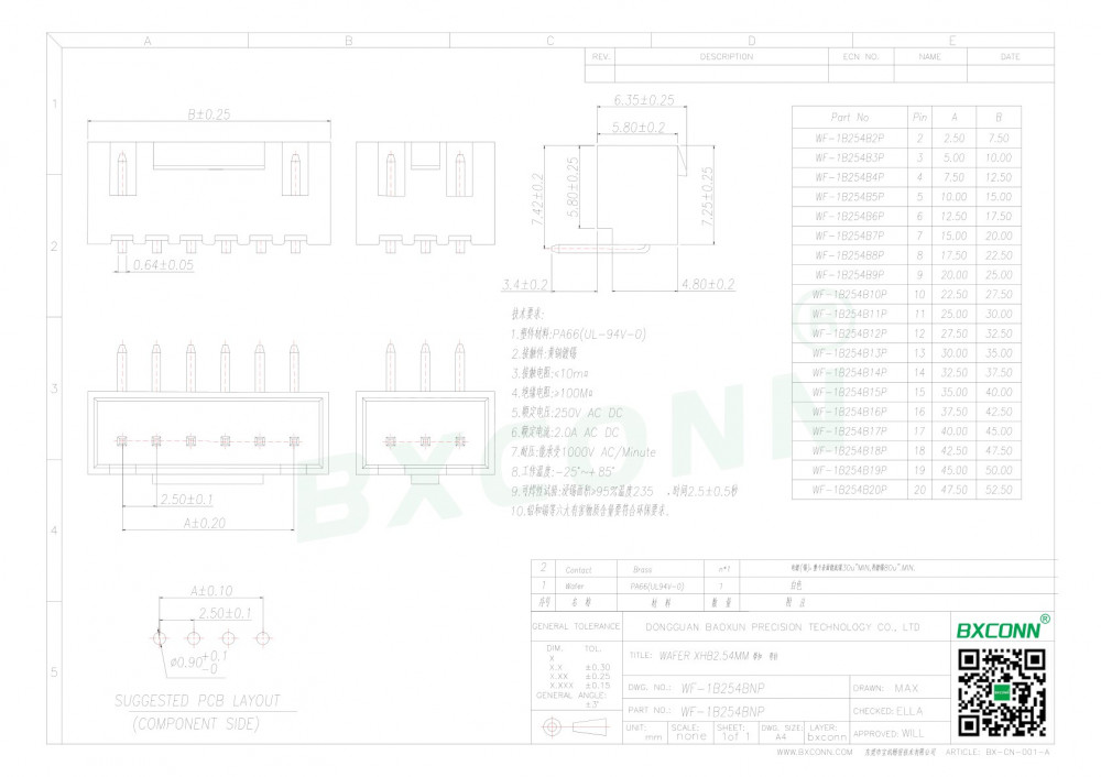 BXCONN WF-1B254BxP product drawing and technical specification