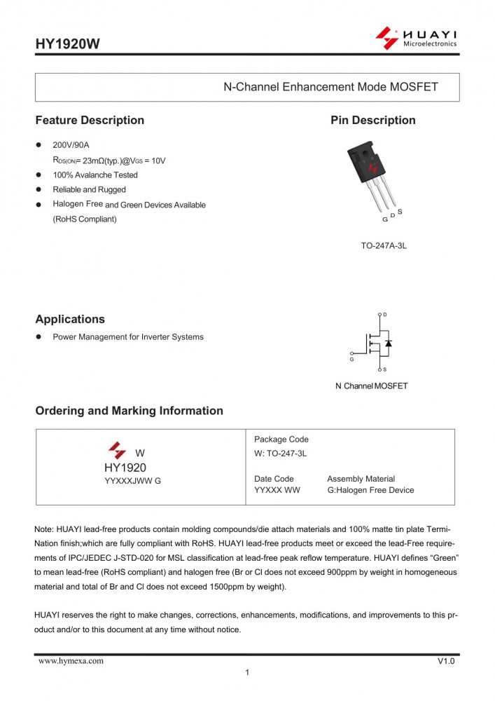 HY1920W datasheet page 1