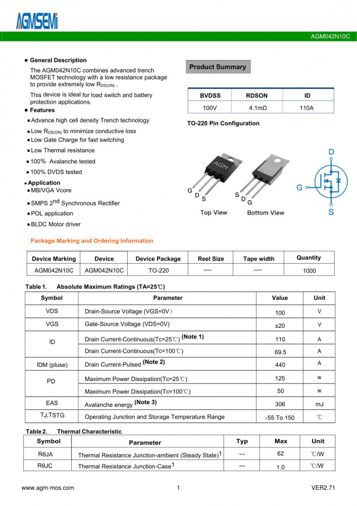 AGM042N10C datasheet page 1
