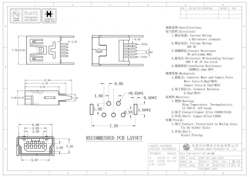 Hanbo Electronic MINI-502D technical drawing and recommended PCB layout