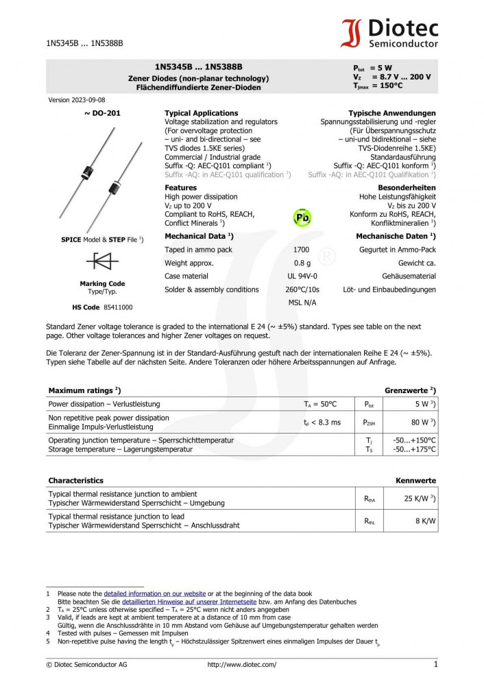 1N5356B datasheet page 1