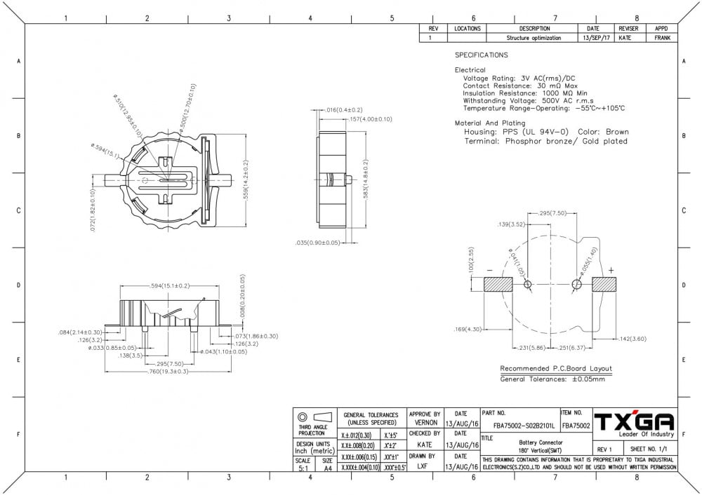 TXGA FBA75002-S02B2101L technical drawing