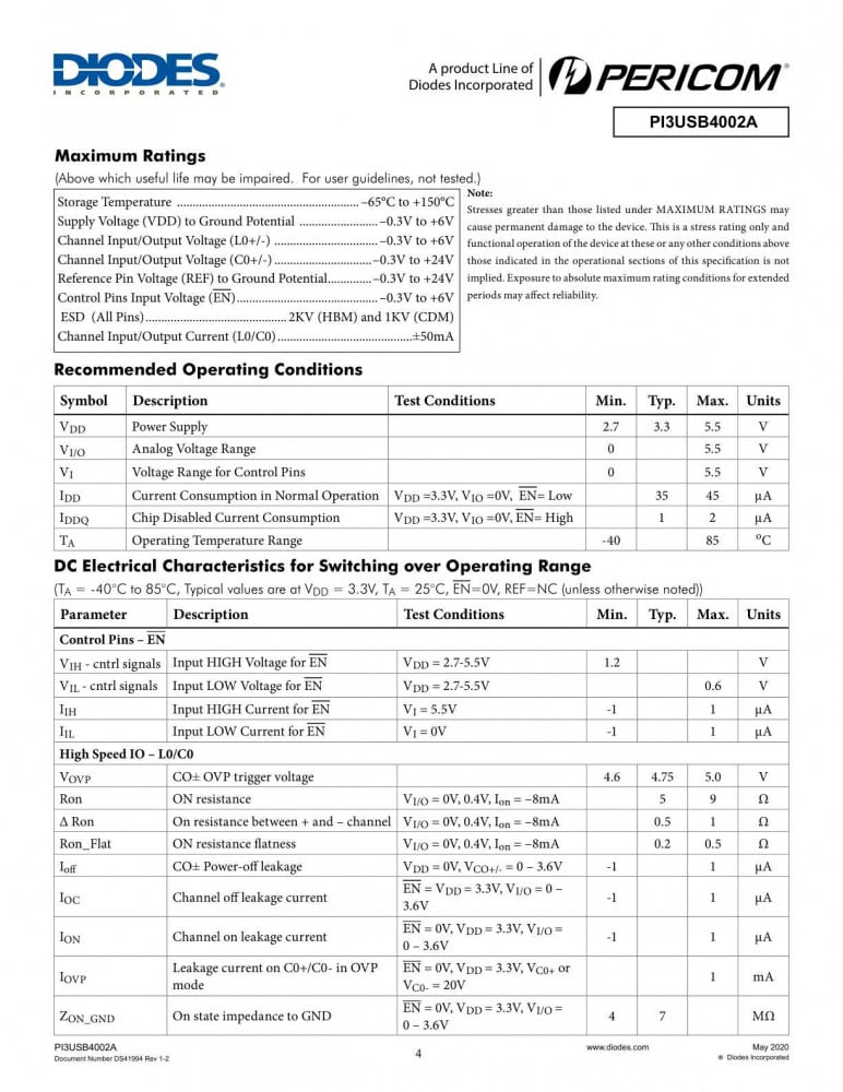 PI3USB4002A datasheet page 4
