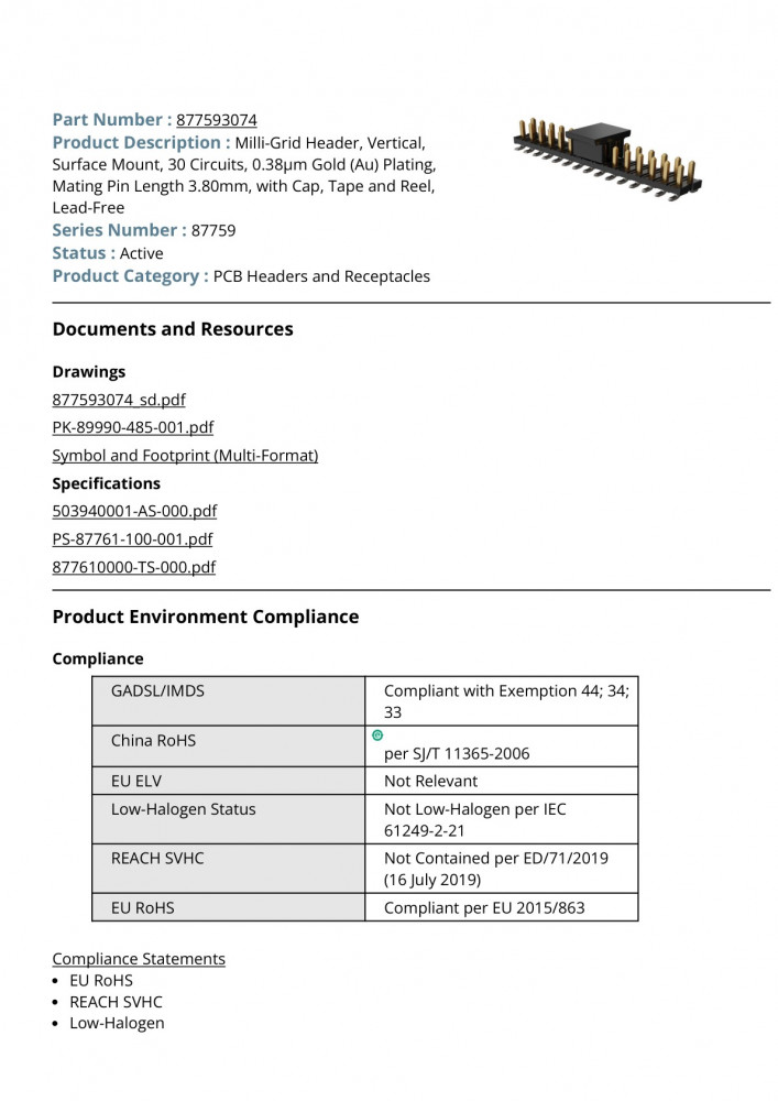 MOLEX 877593074 technical document image, page 1
