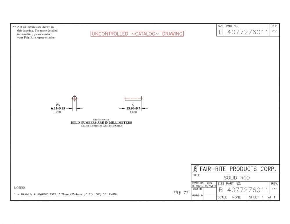Fair-Rite 4077276011 solid rod drawing