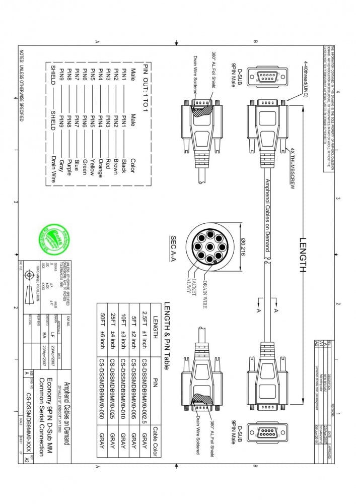 Amphenol CS-DSSMDB9MM0-025 technical drawing preview