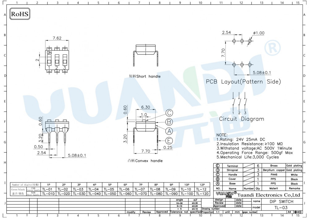 Yuandi TL-03 technical drawing and specification page