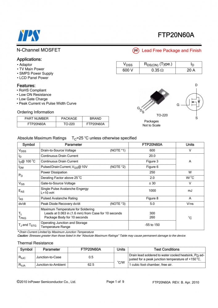 FTP20N60A datasheet page 1