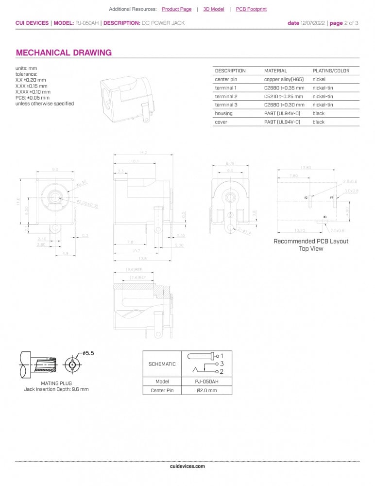 PJ-050AH technical document page 2