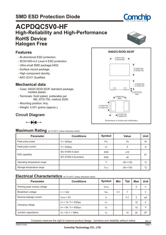 ACPDQC5V0-HF datasheet page 1