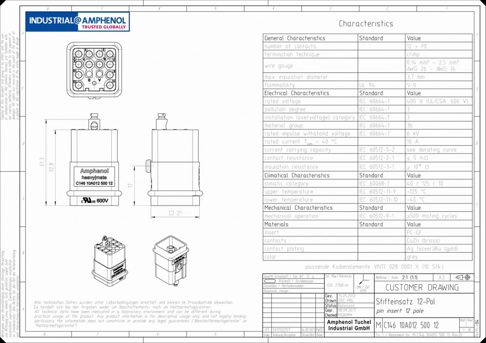 Amphenol C14610A01250012 technical drawing page