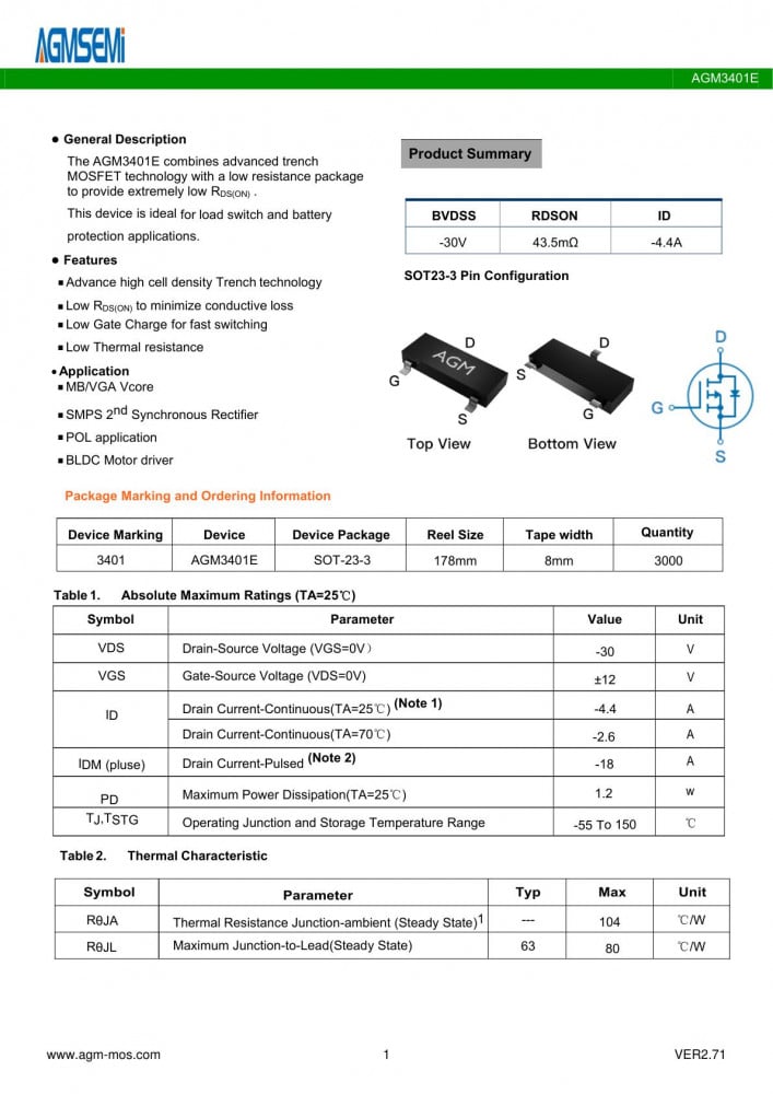 AGM3401E datasheet page 1