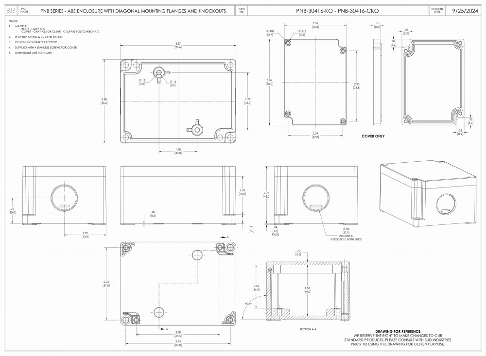 Bud Industries PNB series enclosure product drawing for PNB-30416-CKO
