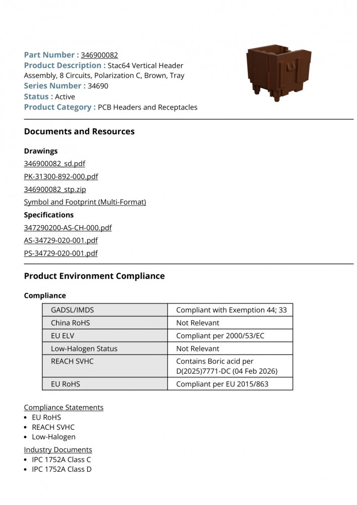 Technical document page 1 for MOLEX 346900082