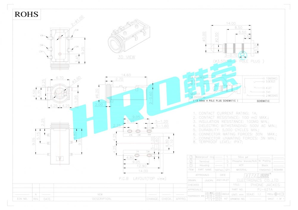 Korean Hroparts Elec PJ-621A technical drawing and PCB layout
