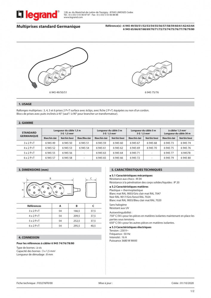Legrand German-standard multiprise technical document, page 1