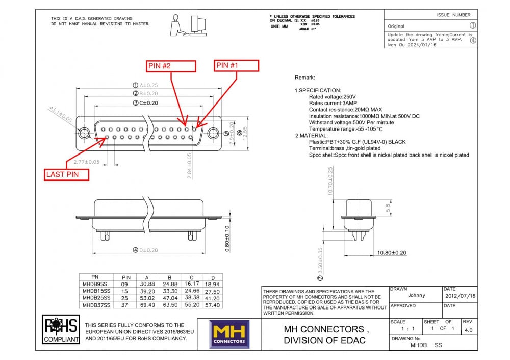 MHDB SS DB25 connector drawing and electrical specifications