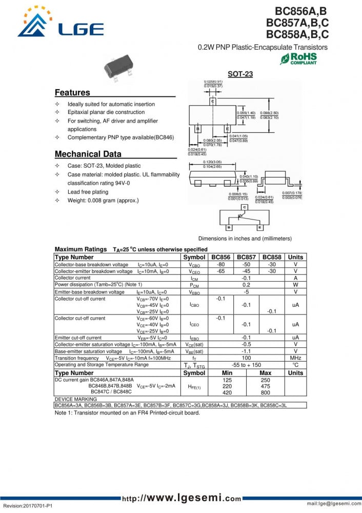 LGE BC857B datasheet page 1