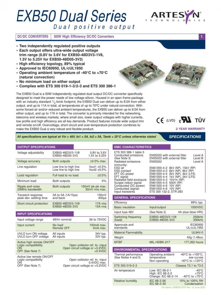 Artesyn EXB50 Dual datasheet page 1