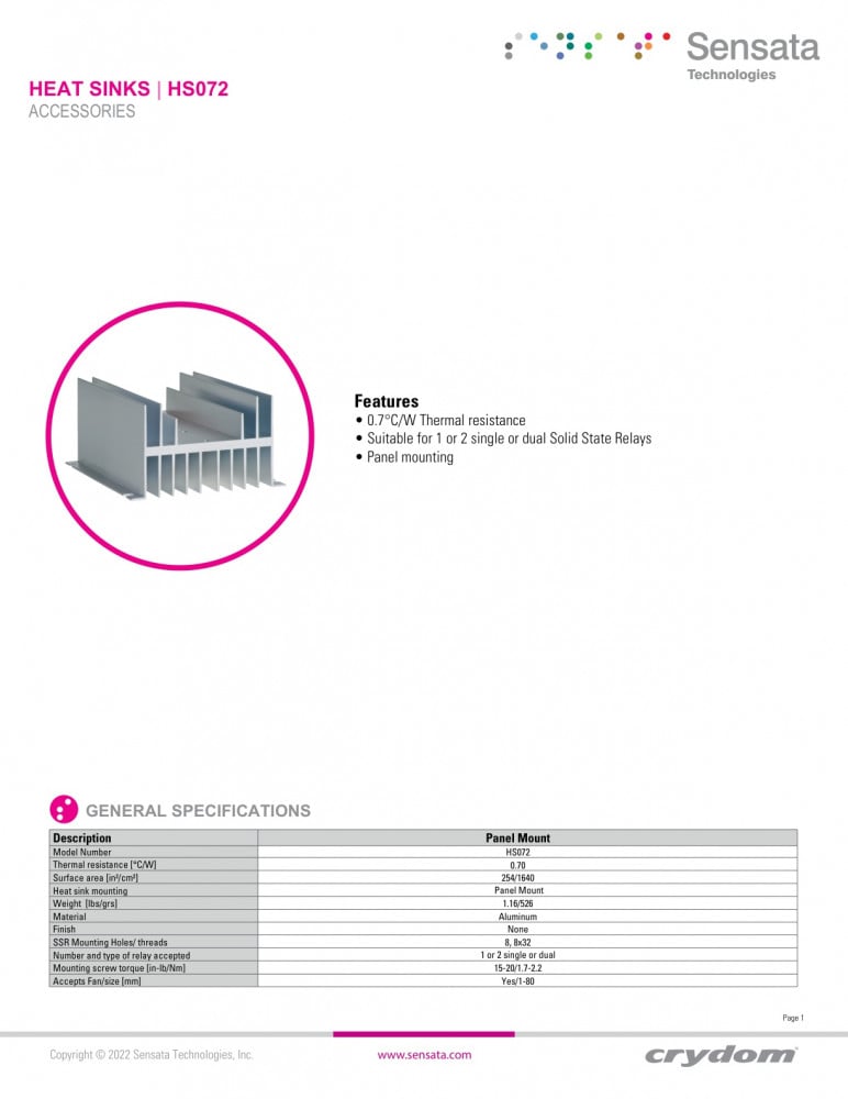 Sensata HS072 datasheet page 1