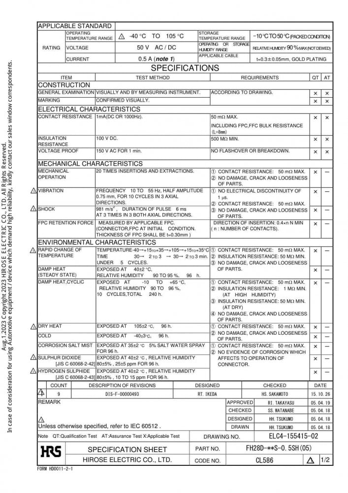 HRS FH28D-74S-0.5SH(05) specification sheet page 1
