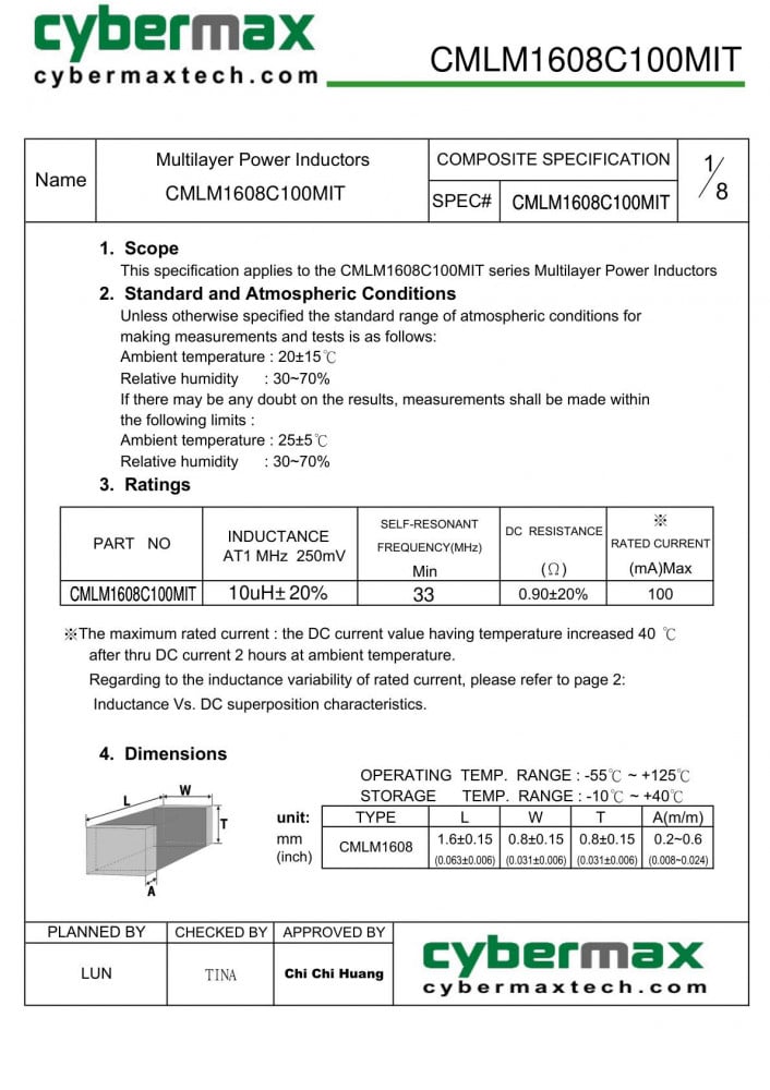 CMLM1608C100MIT datasheet page 1