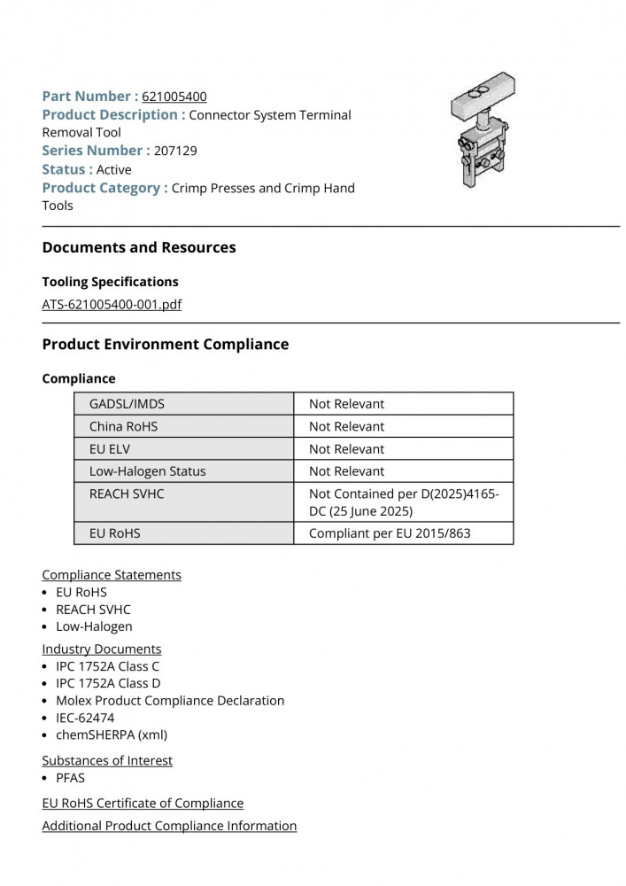 Tooling documentation page 1 for MOLEX 621005400