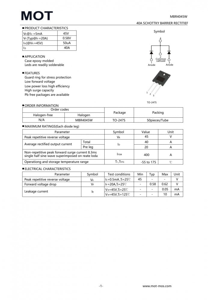 MBR4045W datasheet page 1
