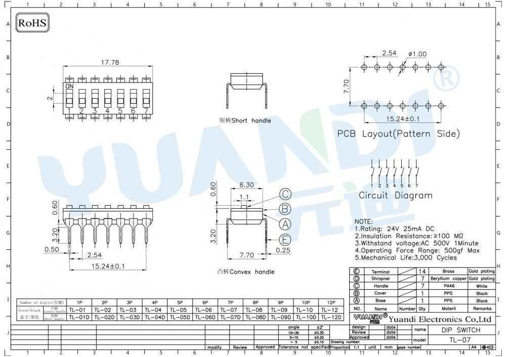 YUANDI TL-07 DIP switch technical drawing