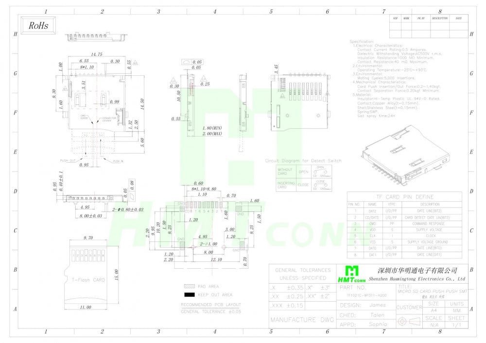HMTCONN TF1021C-9P311-H200 technical drawing page 1