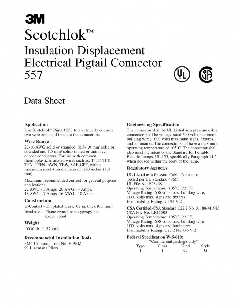 3M Scotchlok 557-BULK connector technical document