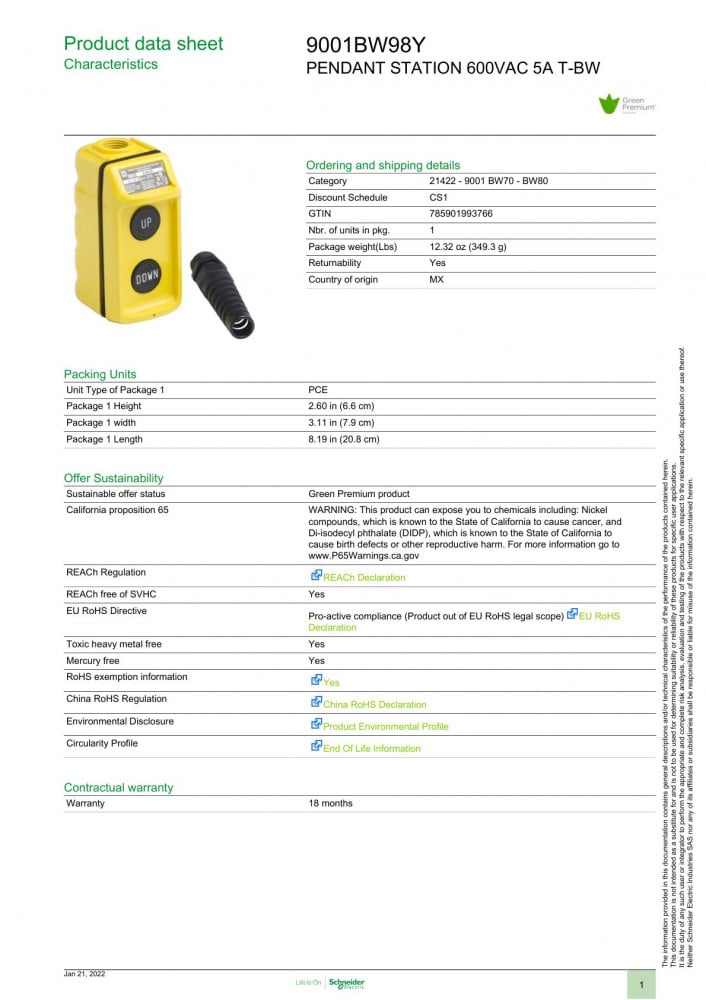 9001BW98Y technical document page