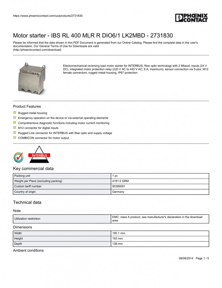 Phoenix Contact 2731830 technical document page 1