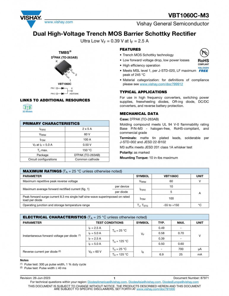 VBT1060C-M3 product datasheet page 1
